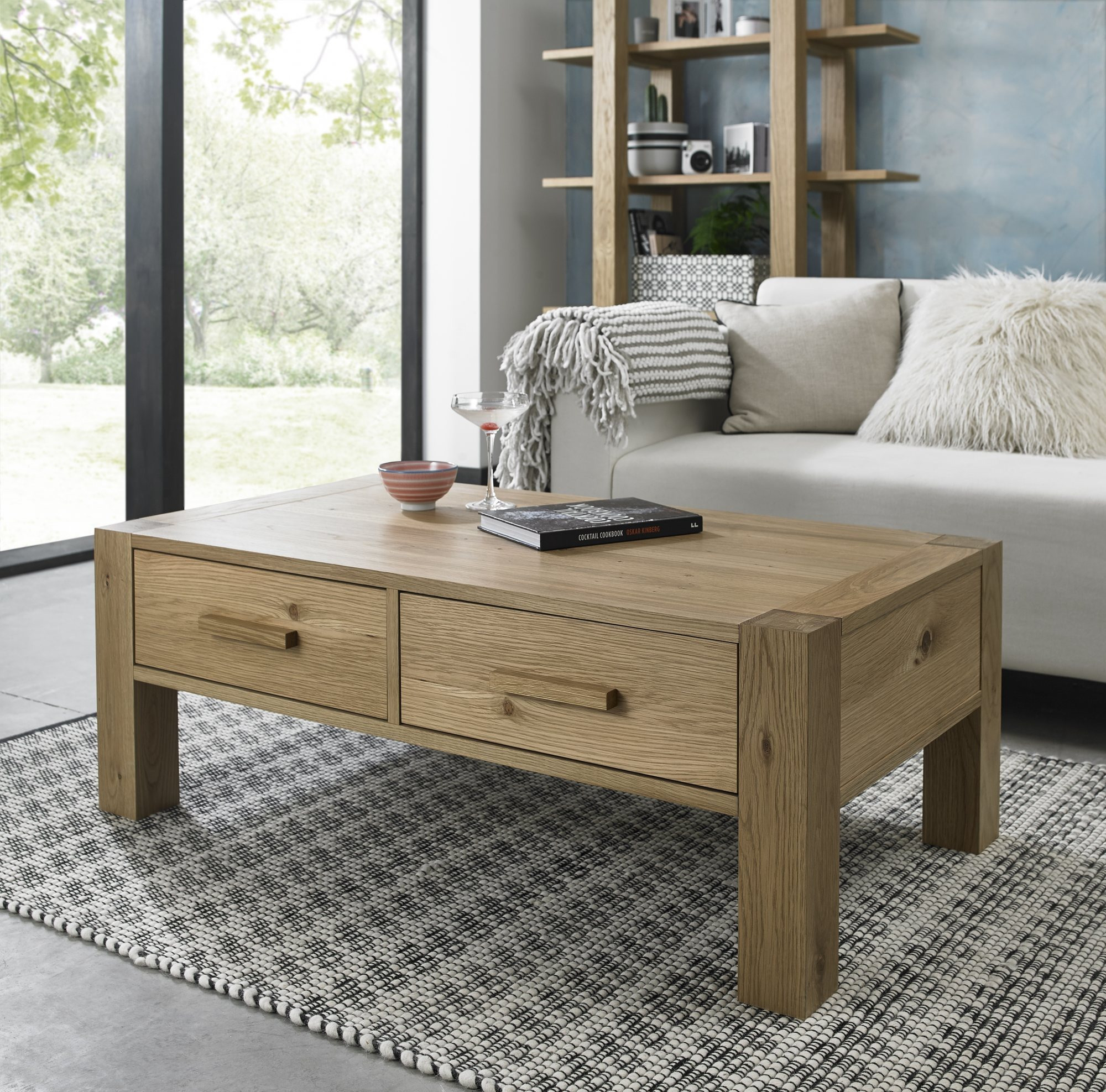Large oak coffee table with drawers store